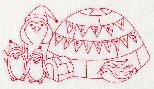 Penguins Merry Christmas (Redwork)