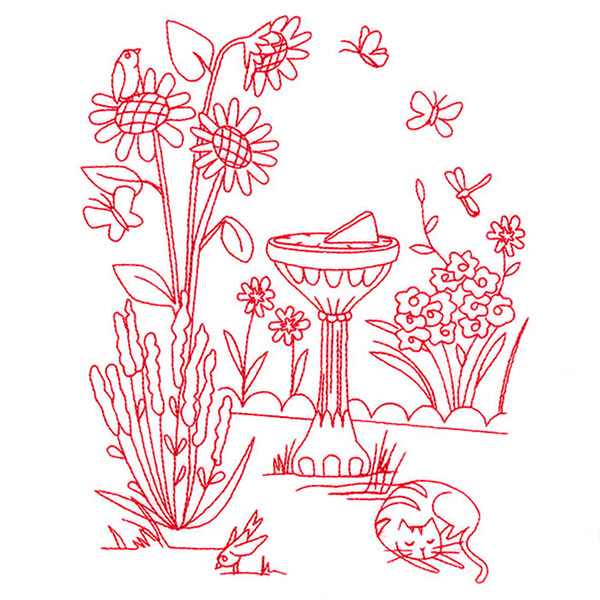 Classic Garden Scene - Sundial (Redwork)