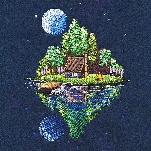 Moonlit Lakeside Spring Cabin Scene